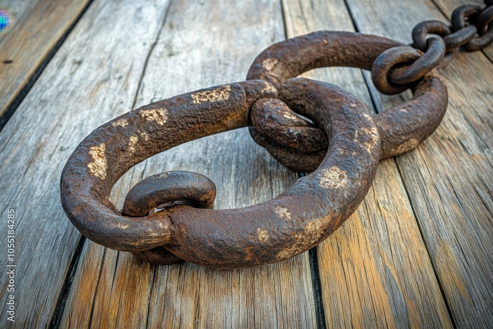 An antique anchor chain coiled on a wooden ship deck, symbolizing ...