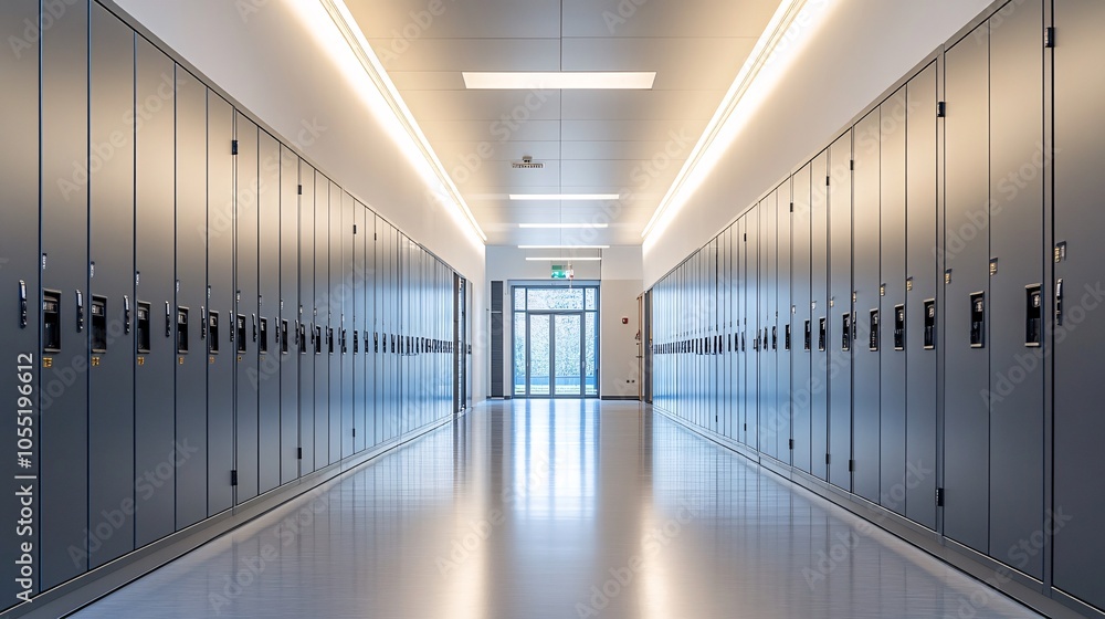 2410 24.A minimalist view of a modern school hallway lined with sleek ...