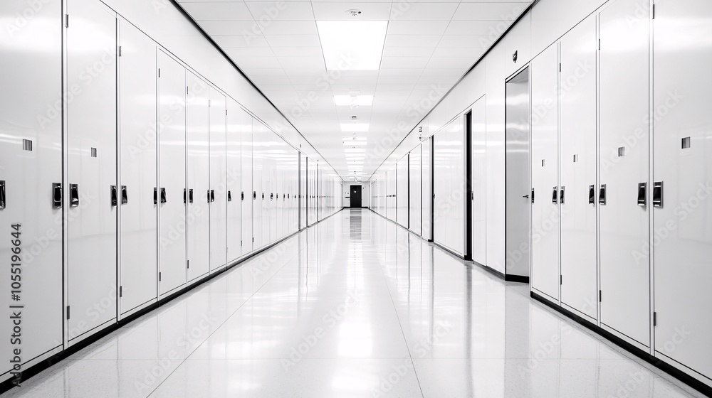 2410 24.A minimalist view of a modern school hallway lined with sleek ...