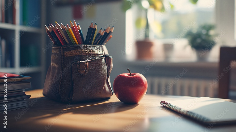 2410 48.A traditional back-to-school setup on a wooden desk, featuring ...