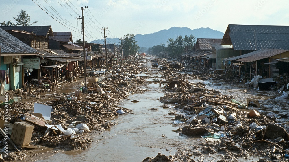 2410 96.A wide-angle view of the destruction after a flood in Nan ...