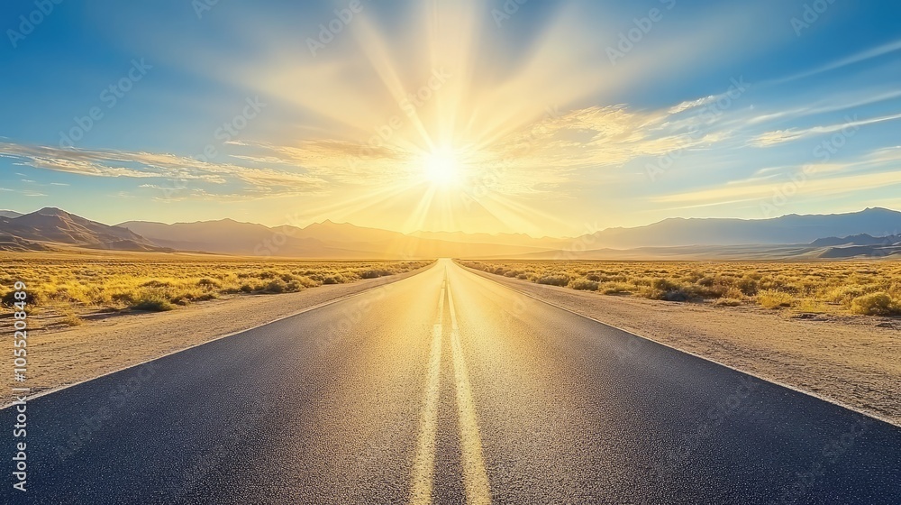A quiet asphalt road through an arid landscape, with the shimmering heatwaves bending the light ...