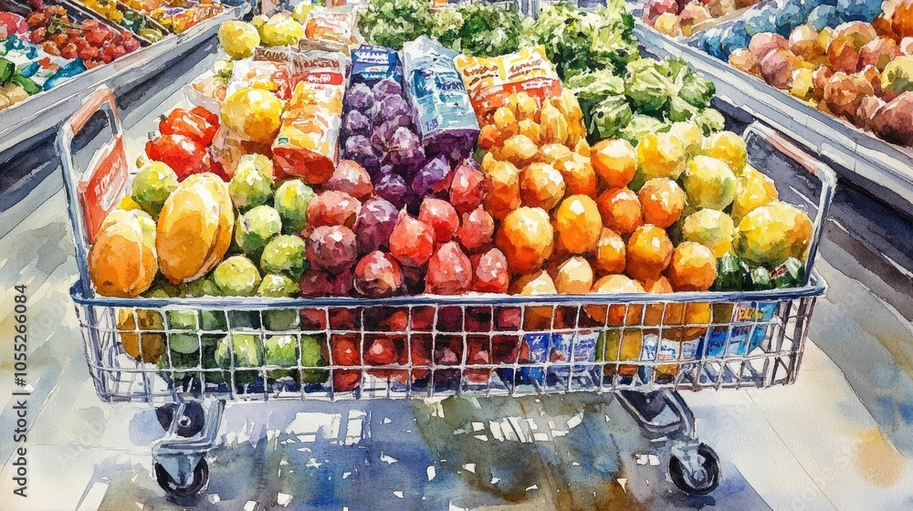 Vibrant watercolor painting depicting a grocery cart filled with a ...