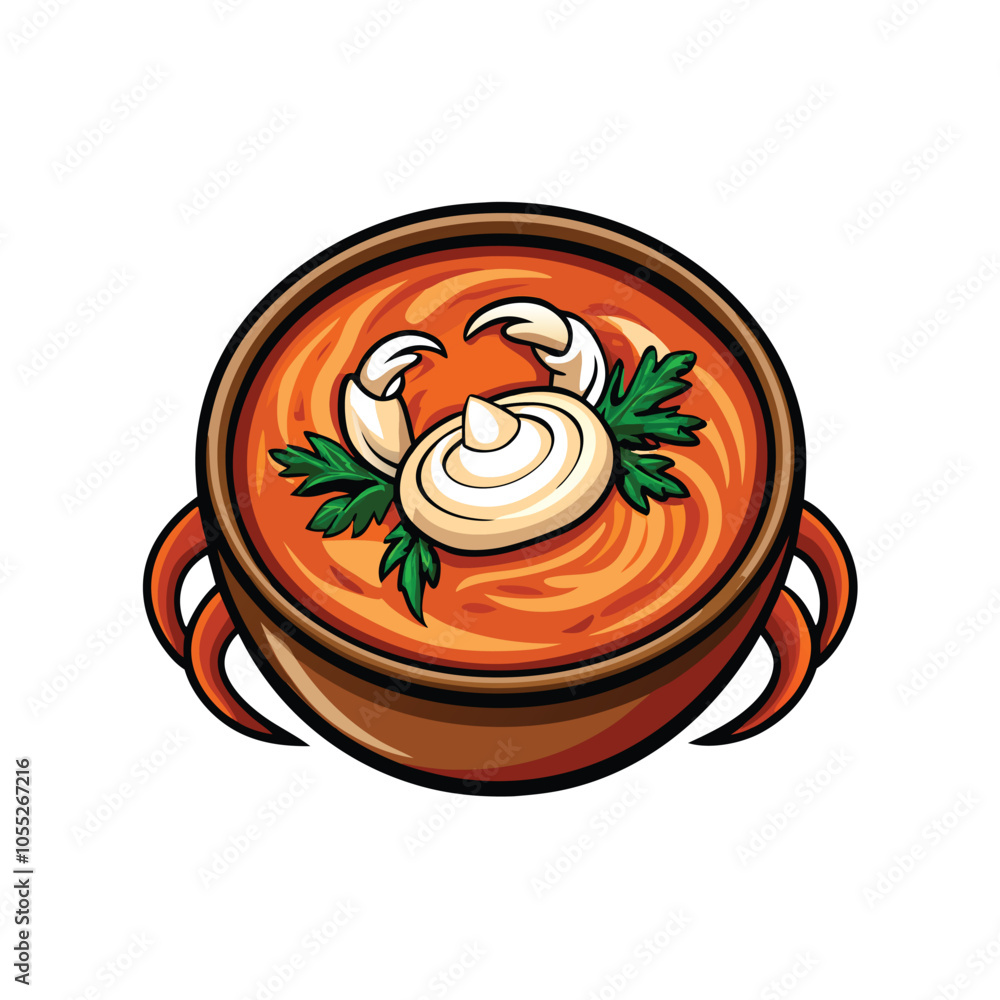 A photorealistic vector illustration of a steaming bowl of creamy crab ...