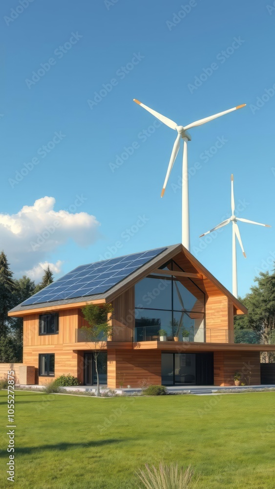 Modern green-building home solar panels wind turbines renewable energy ...