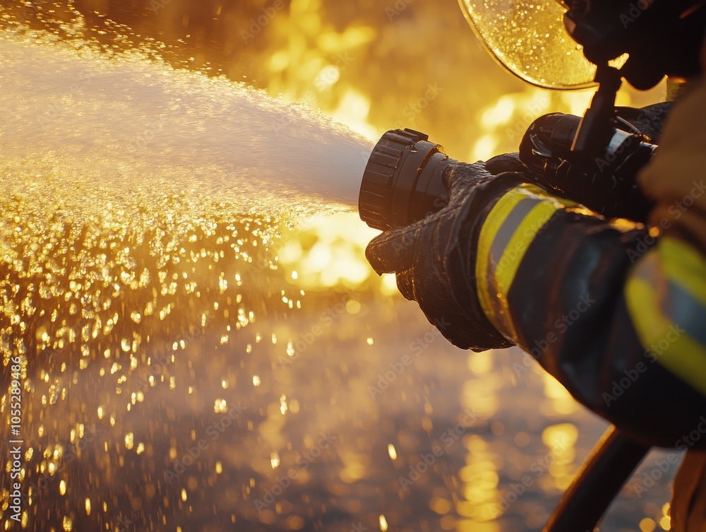 Firefighter battling flames with a powerful hose in an intense ...