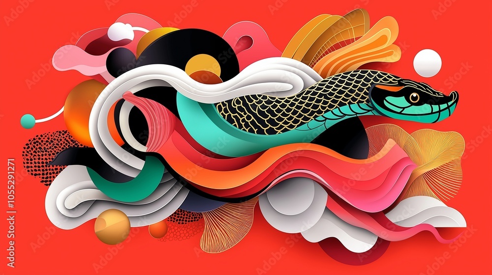 This vibrant artwork showcases a snake elegantly winding through a ...