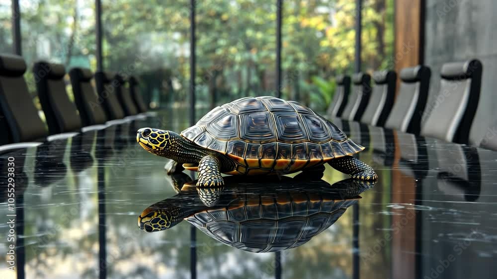 A turtle walks across a conference table in a meeting room with a line ...