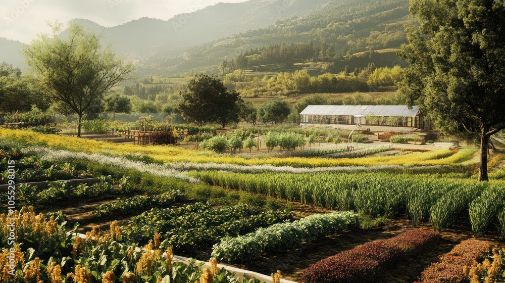 Biodynamic farming in a rural landscape, with synchronized planting and ...