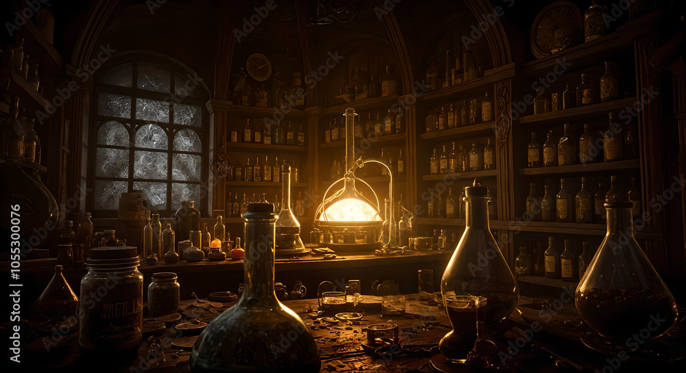 Alchemist workshop. A strange and creepy room with cabinets of ...
