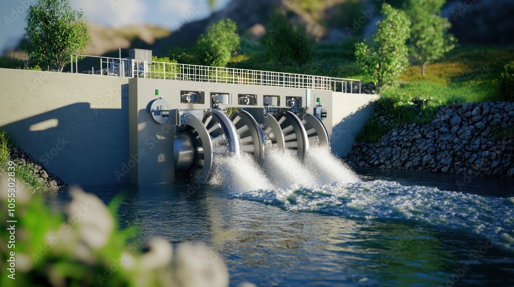 Efficient water turbine at a rural hydropower plant, providing clean ...