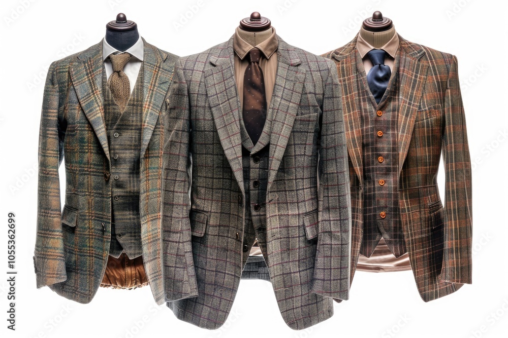 Fashion display of three suits on mannequin models against a clean ...