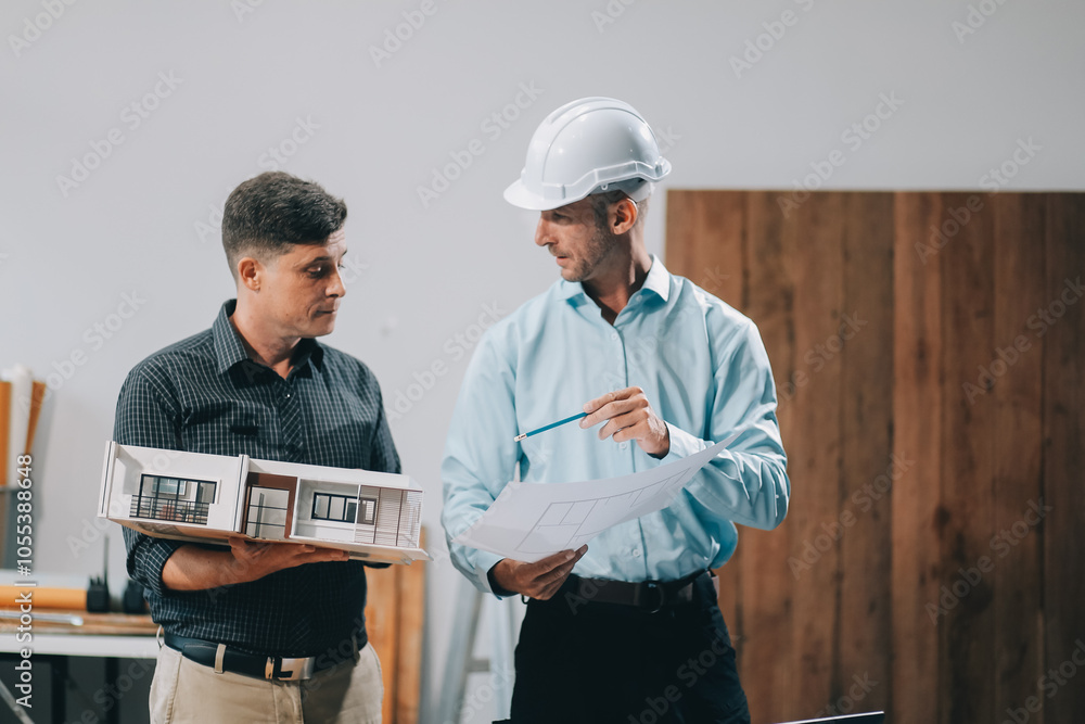 Team Engineers with draft plan of building on constructing site ...