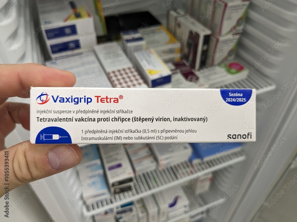 Prague,Czech republic- October 14 2023:Pharmacy concept-Vaxigrip tetra ...