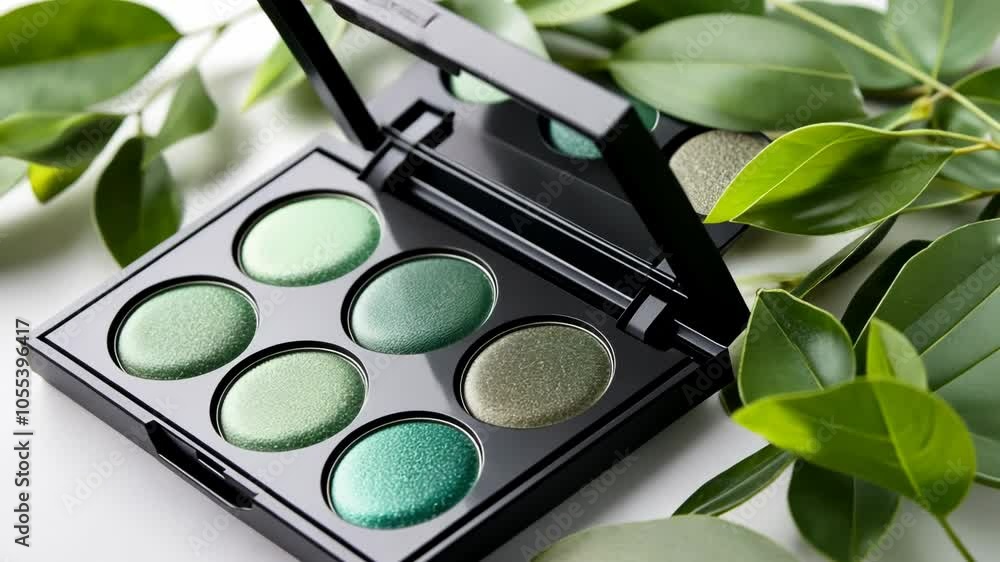 A palette of vibrant green eyeshadows surrounded by leaves, ideal for ...
