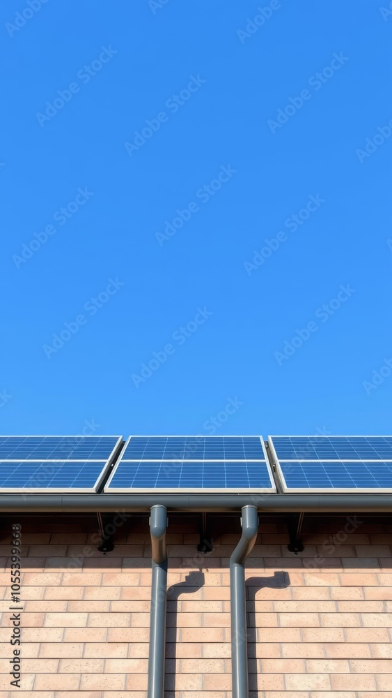 Square frame gray roof of home with solar panels and pipe vents against ...