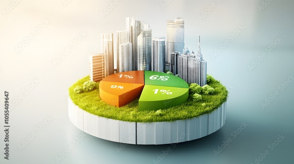 A modern 3D floating pie chart with 7 pieces divided into 65%,13%,7%,5% ...