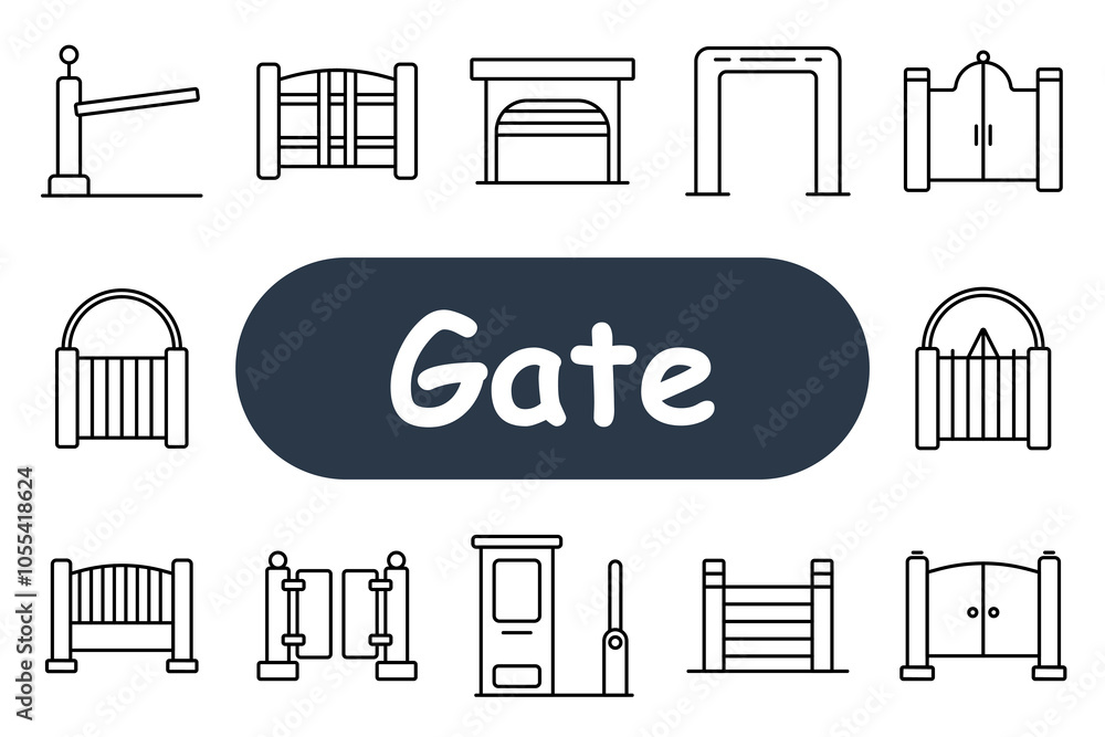 Gate set icon. Barrier, wooden gate, metal gate, security gate, arch ...