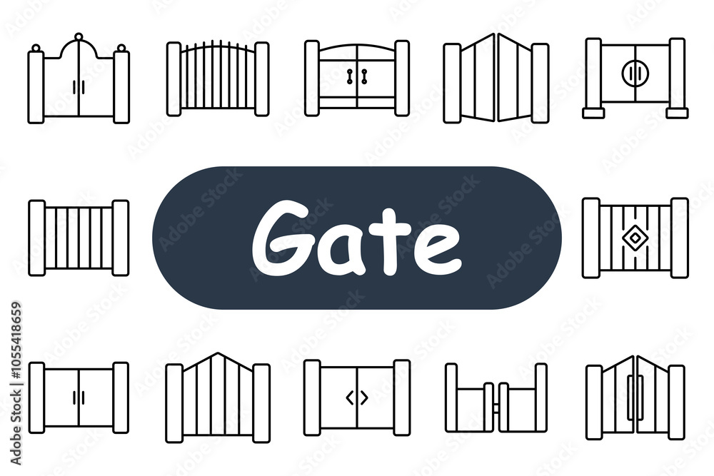 Gate set icon. Double doors, metal bars, sliding, folding, circular ...