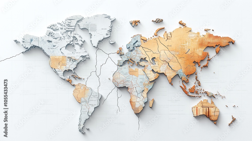 Abstract world map with textured continents in contrasting colors ...