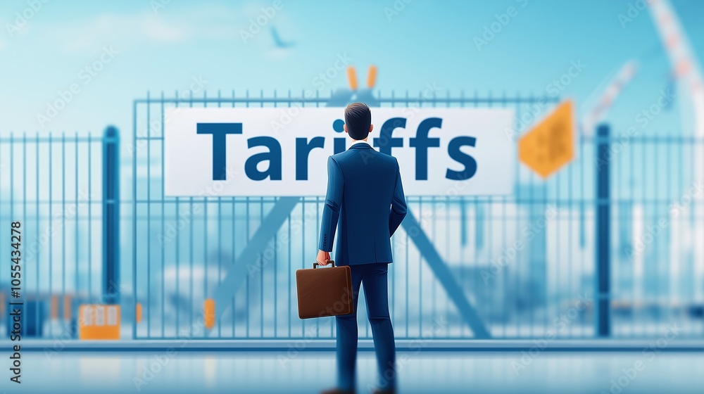 Businessman facing a 'Tariffs' sign at a port, contemplating ...