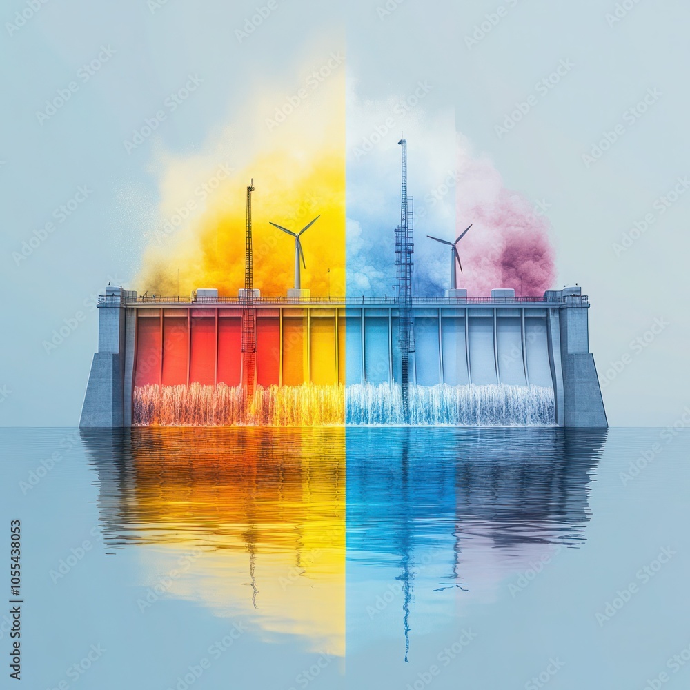 Hydroelectric Power Dam in Split-Complementary Color Scheme - Flat ...