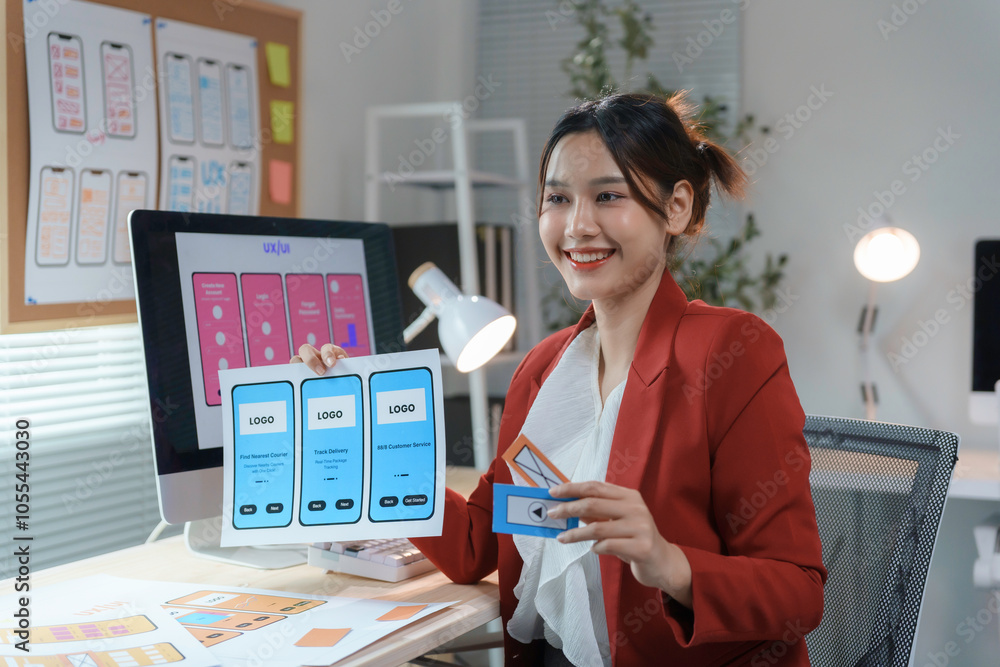 Smiling asian woman ux ui designer working at office showing mobile app ...