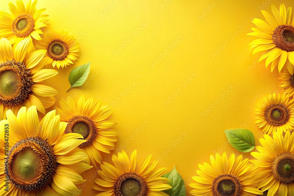 Sunny yellow background with scattered sunflowers in various stages of ...