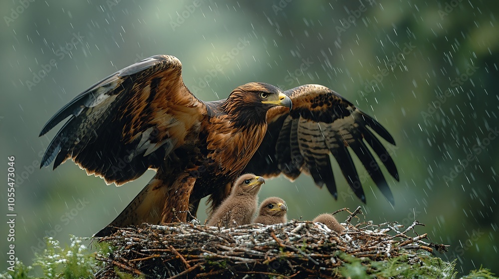 An eagle with two hatchlings in its nest. It is raining outside, and ...