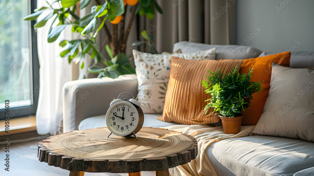 Cozy Boho Living Room with Alarm Clock, furniture and plants in ...