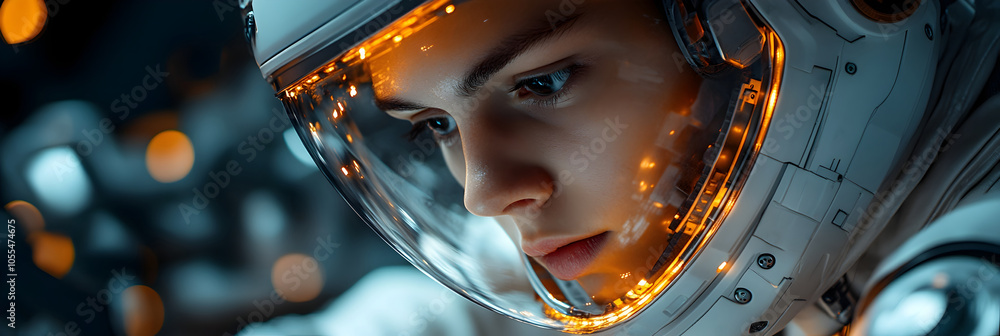 Close-up portrait of an astronaut in a sleek,high-tech space suit ...