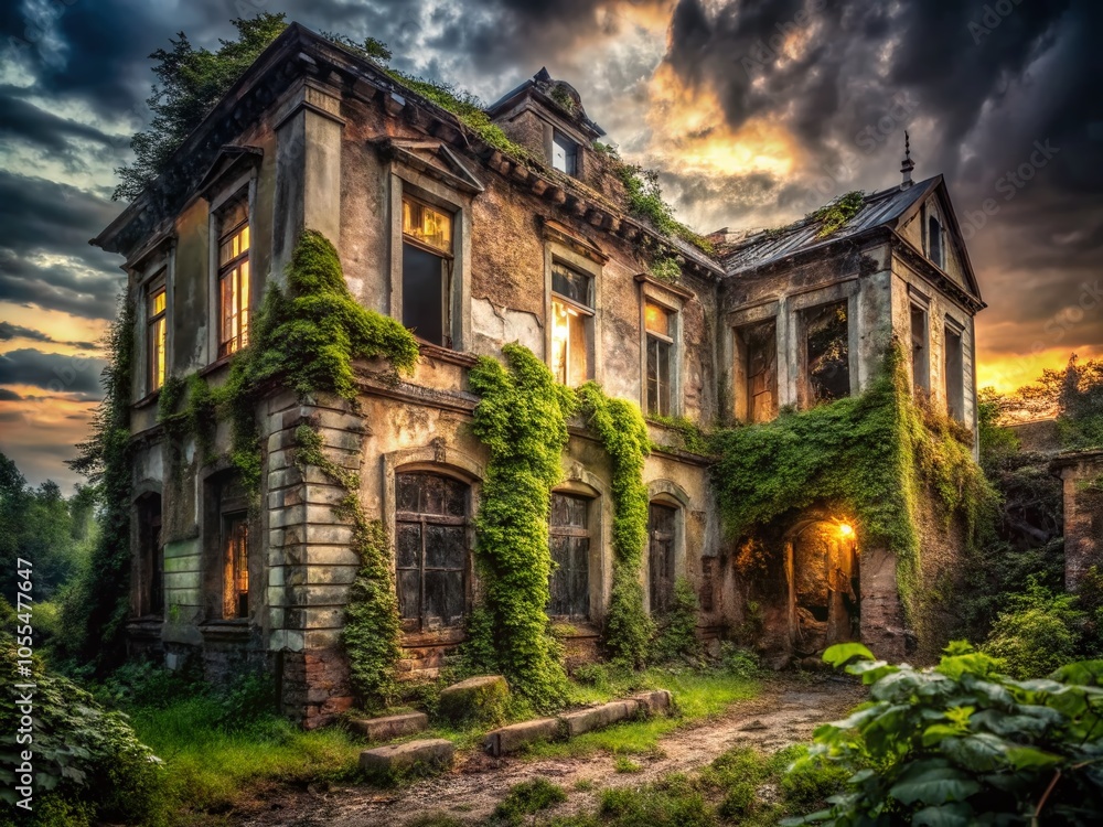 Long Exposure of a Decaying Old Building with Atmospheric Effects and ...