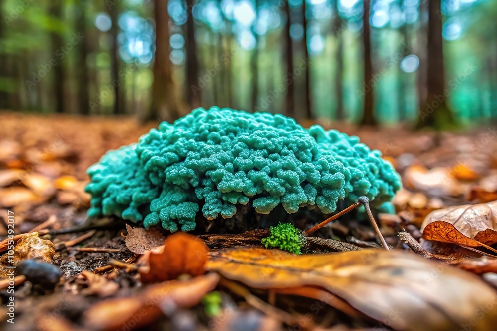 teal slime mold growth on a damp forest floor, forest floor, wilderness ...