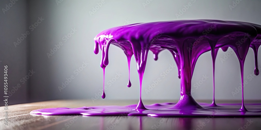 Thick purple slime drips slowly onto a clean white surface isolated in ...