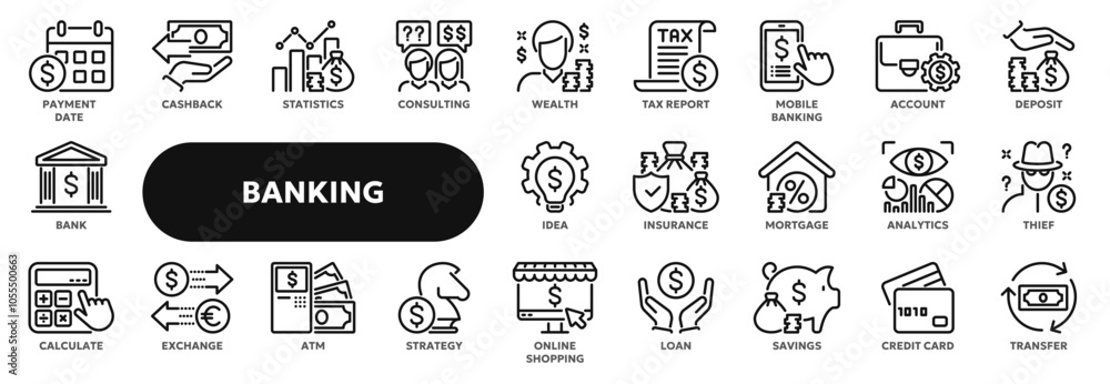 Set of vector linear icons related to banking and finance, money ...