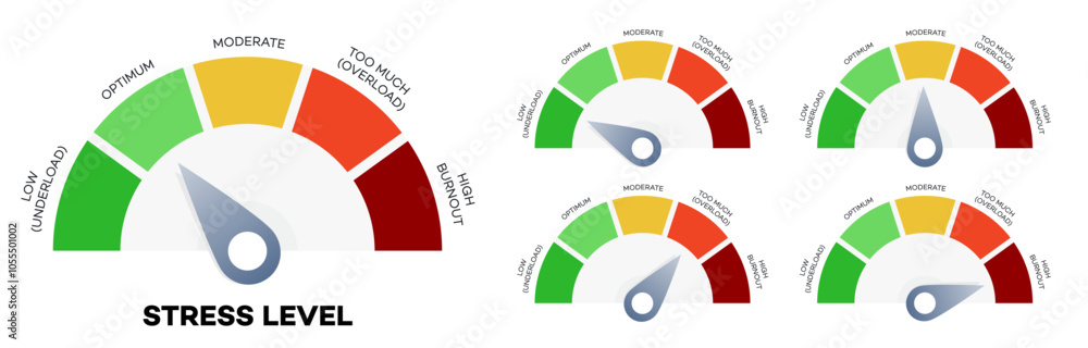 Stress level meter dashboard with arrow set isolated on white ...
