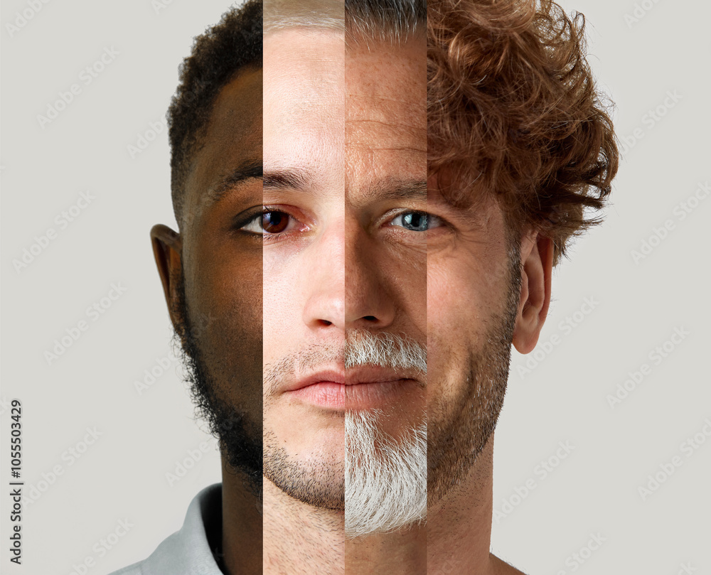 Collage with different male faces, representing different ages and ...