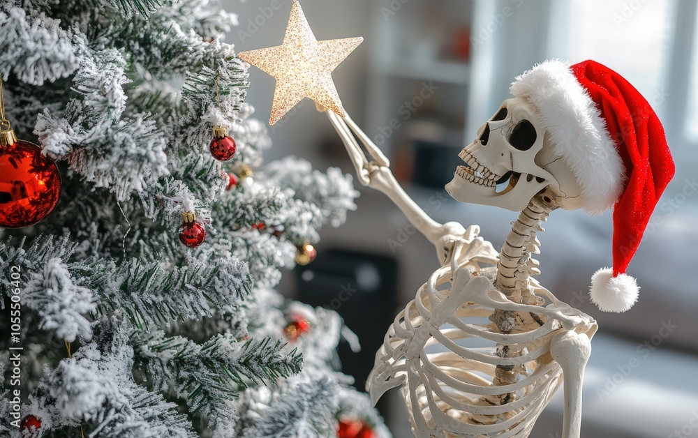 Tree Decorating Skeleton: A skeleton with a Santa hat reaching up to ...