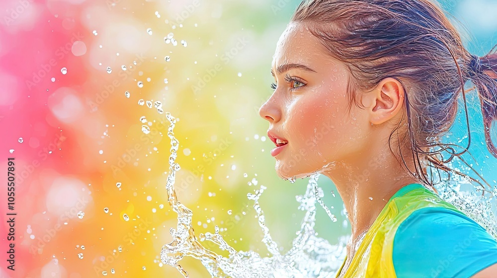 Fit young woman in action pose, splashing water behind, bold colors ...