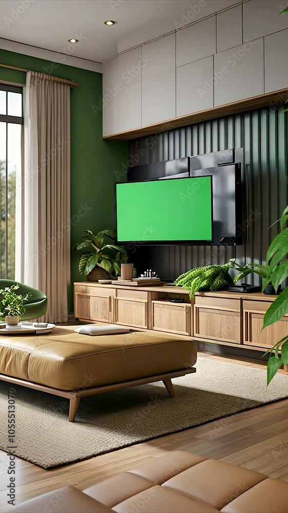 Modern living room with greenery and a green screen television on the ...