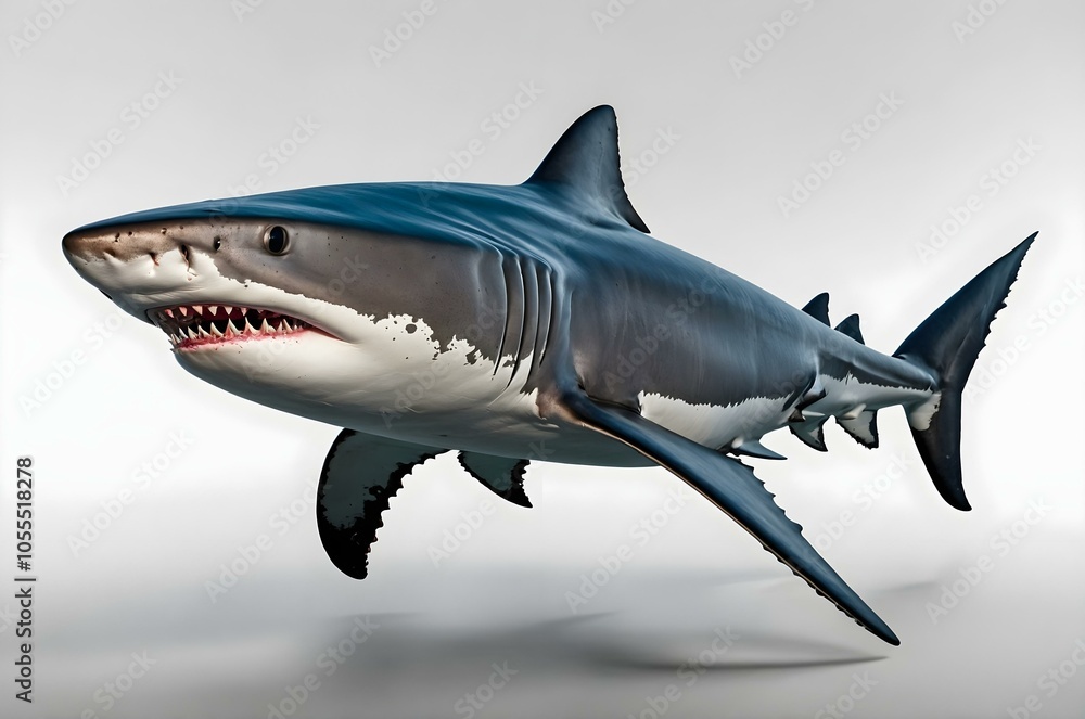 3D model of a great white shark on a white background, featuring its ...