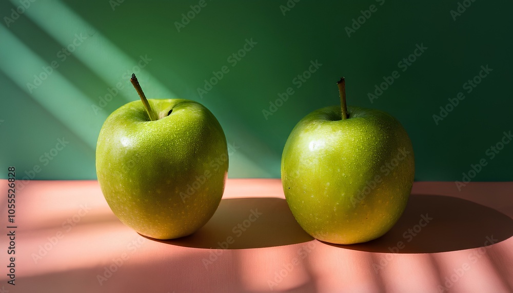 pop art still life; two green apple on a colored background with deep ...
