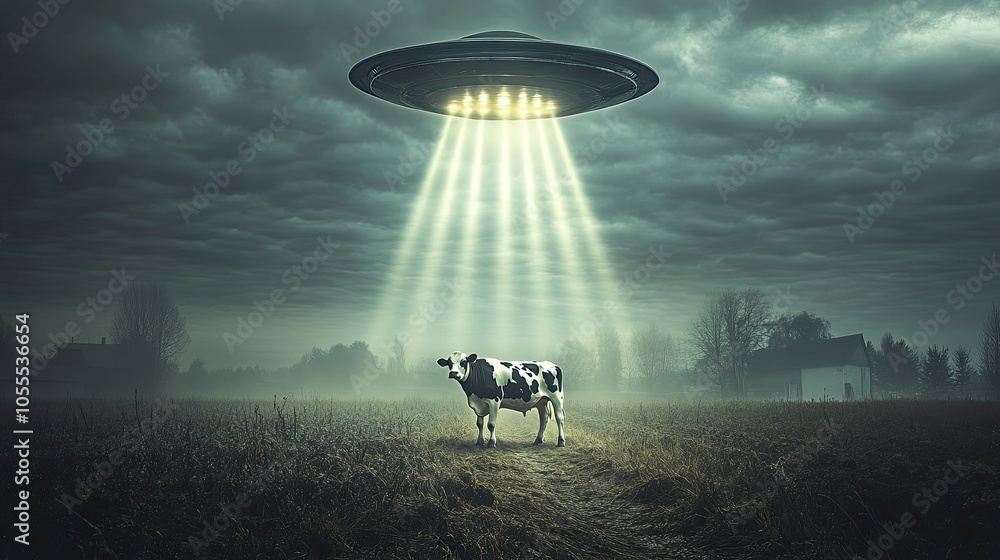 An eerie scene of a UFO abducting a cow from a farm, with beams of ...