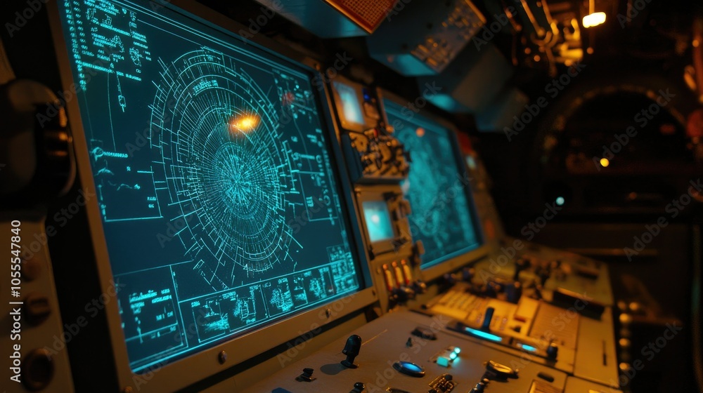 Sonar screen inside a submarine detecting the movements of sea ...