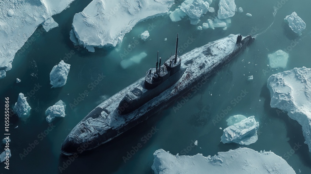 Submarine surfacing in the Arctic Ocean, with chunks of ice floating ...