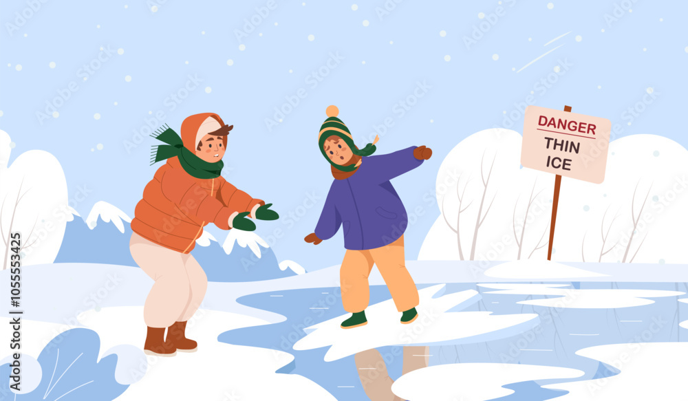 Children boy and girl staying on ice block in river. Kids walking on ...