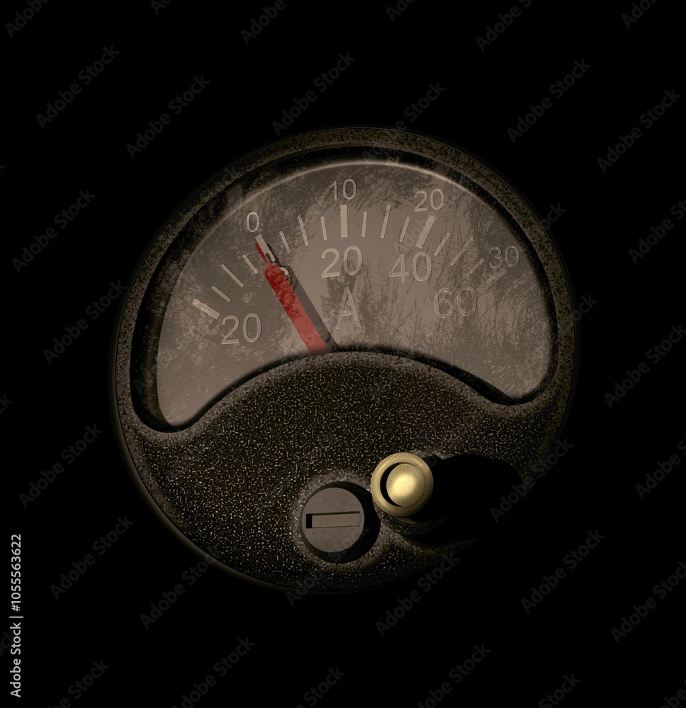 Vintage ammeter. Front panel of the pointer ammeter on a black ...