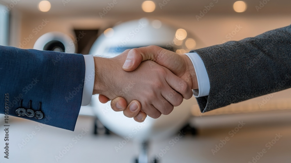 Business partners seal a deal with a handshake in front of a private ...
