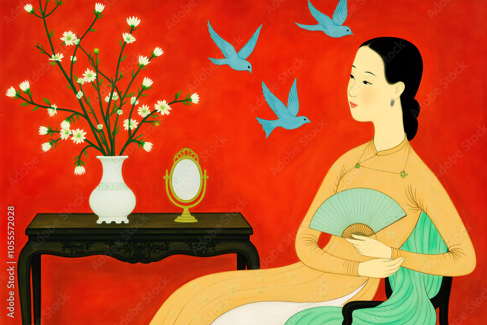 Beautiful Vietnamese woman in traditional yellow Ao Dai sitting with ...