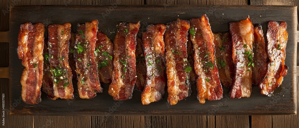 Capture a tantalizing top-view photograph of perfectly cooked bacon ...